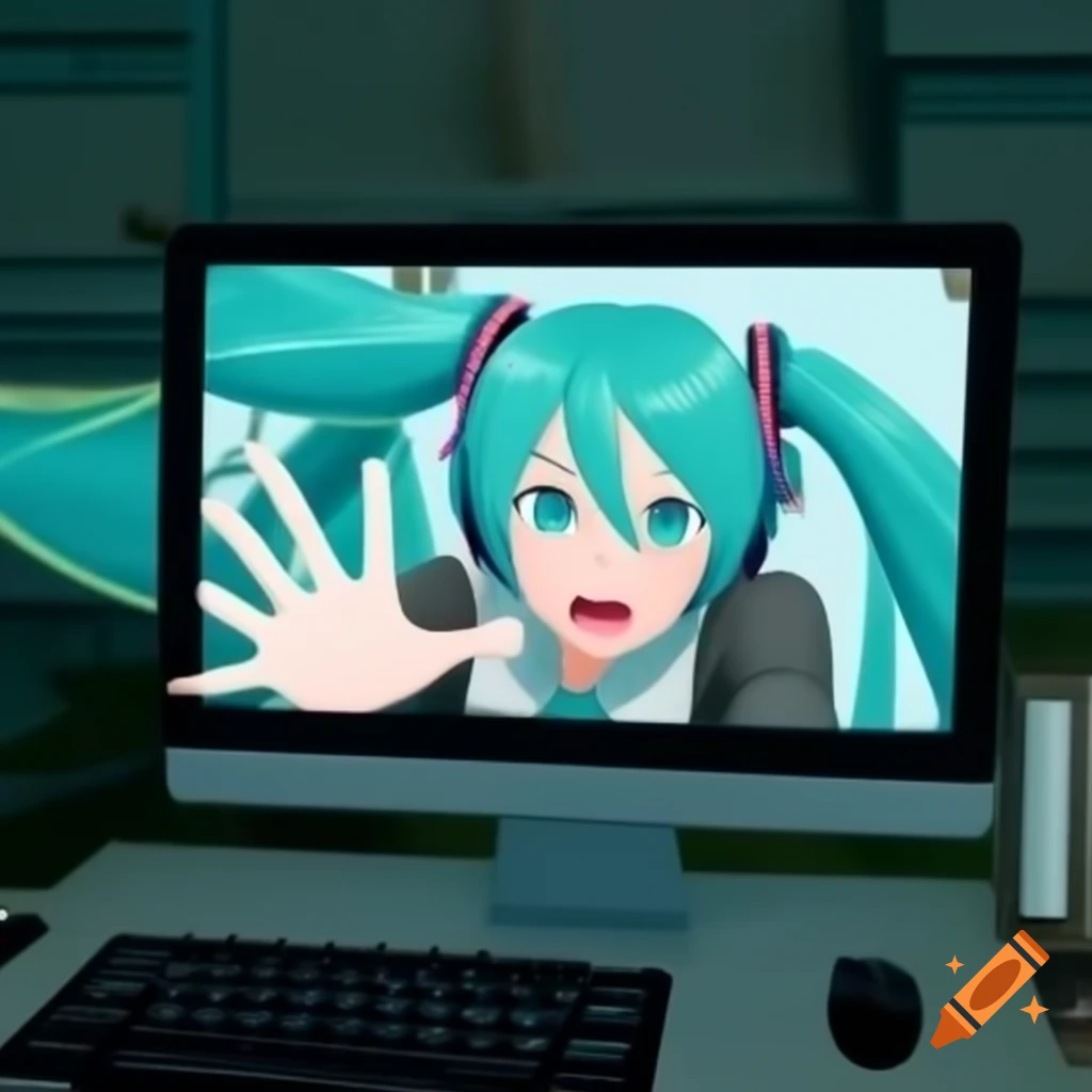 Hatsune Miku reaching out from computer screen on Craiyon