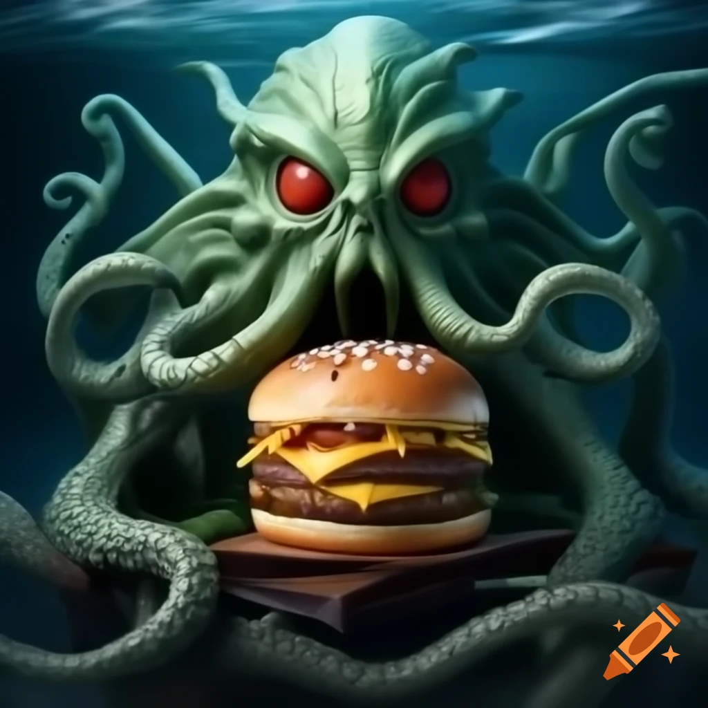 Cthulhu character eating burger and fries with tentacles in the sea, caricature style on Craiyon