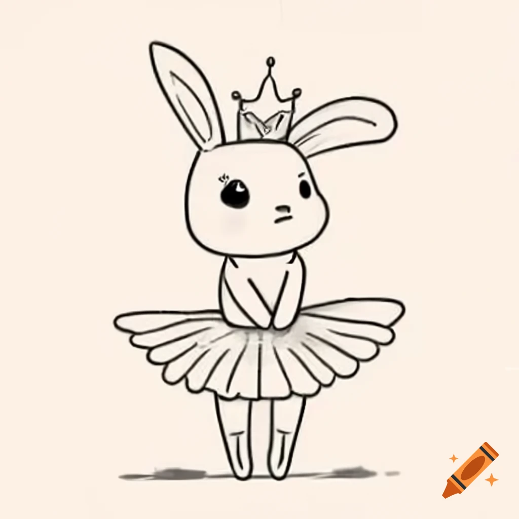 Cute rabbit in tutu ballet pose with tiny crown, line drawing on Craiyon