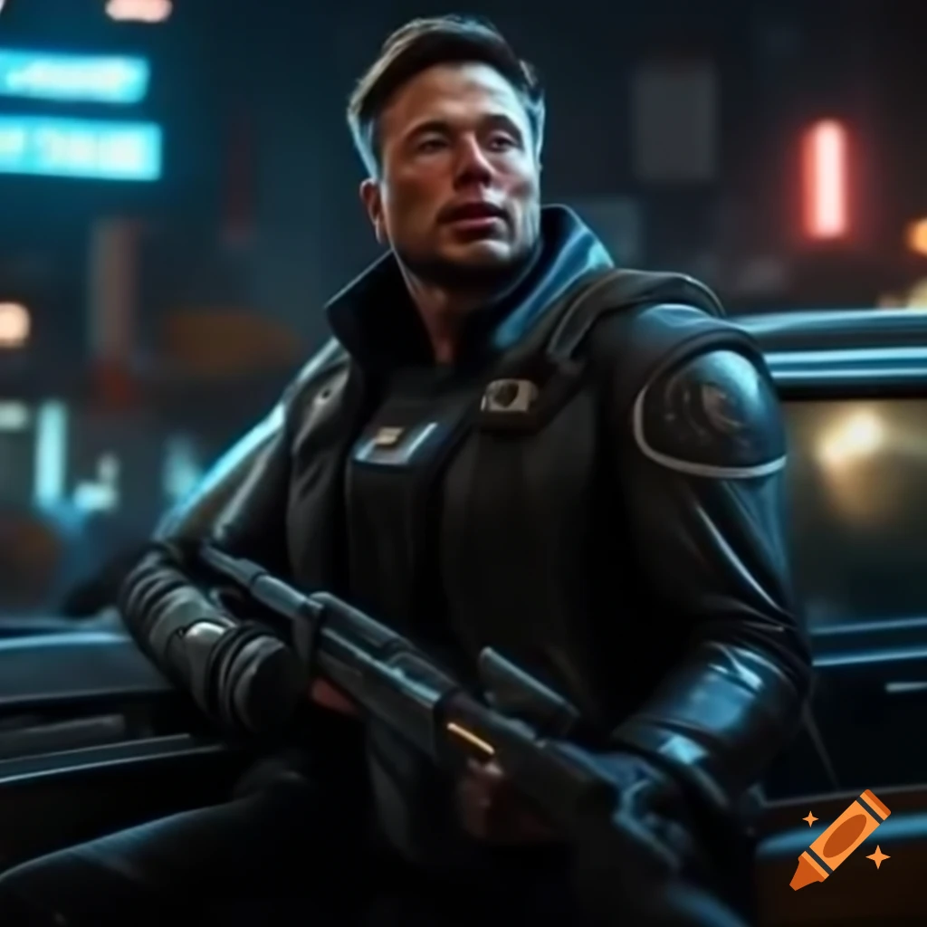 Elon Musk in advanced war-suit with laser gun on car in retro cyberpunk ...