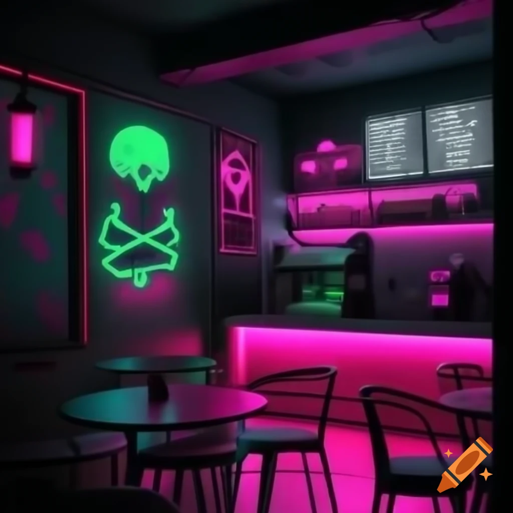 Colorful coffee cafe with neon skulls, pastries, and seating on Craiyon