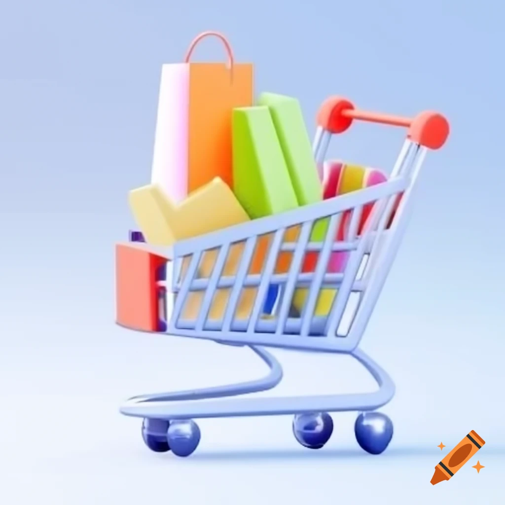 Minimal 3D favicon design featuring shopping cart with bags on Craiyon