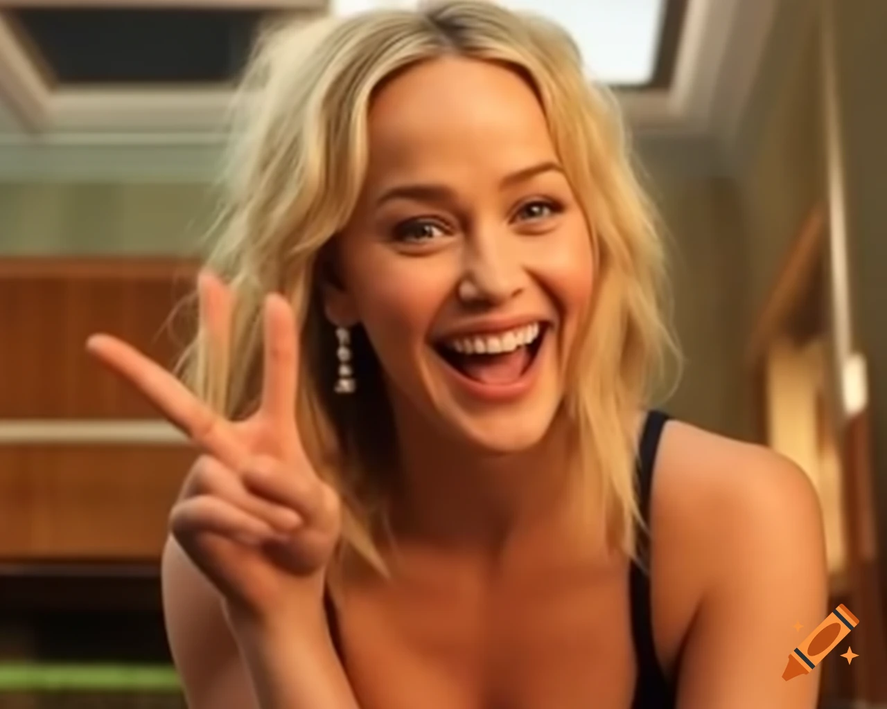 Jennifer lawrence with mischievous grin beside a giraffe, playful peace ...