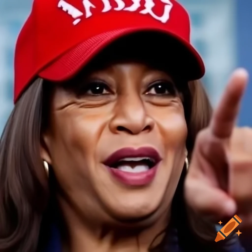 Kamala Harris smirking and pointing in red MAGA hat on Craiyon