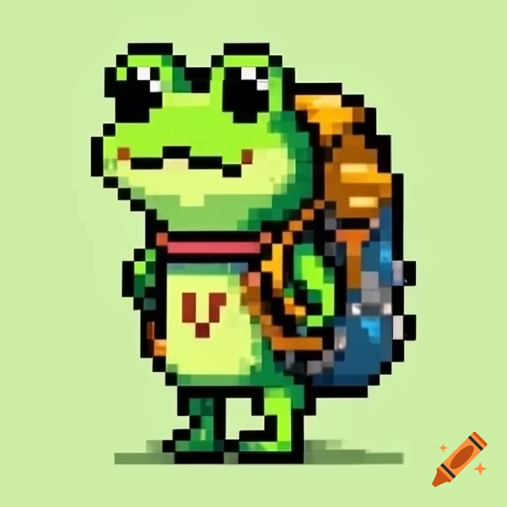 Comic-style pixel art of a frog hiking with a backpack on Craiyon