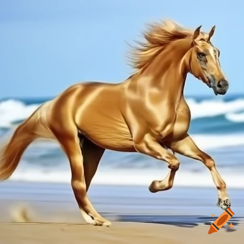 Golden Arabian horse running on a beach on Craiyon