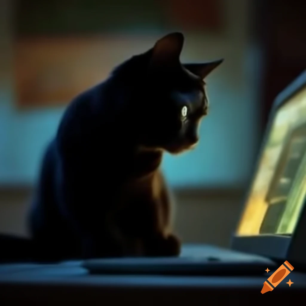 Black cat with white spot on neck playing on computer, hyper-realistic ...