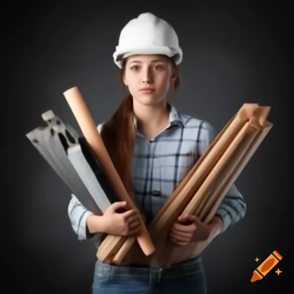 Engineer girl surrounded by various projects on hold on Craiyon