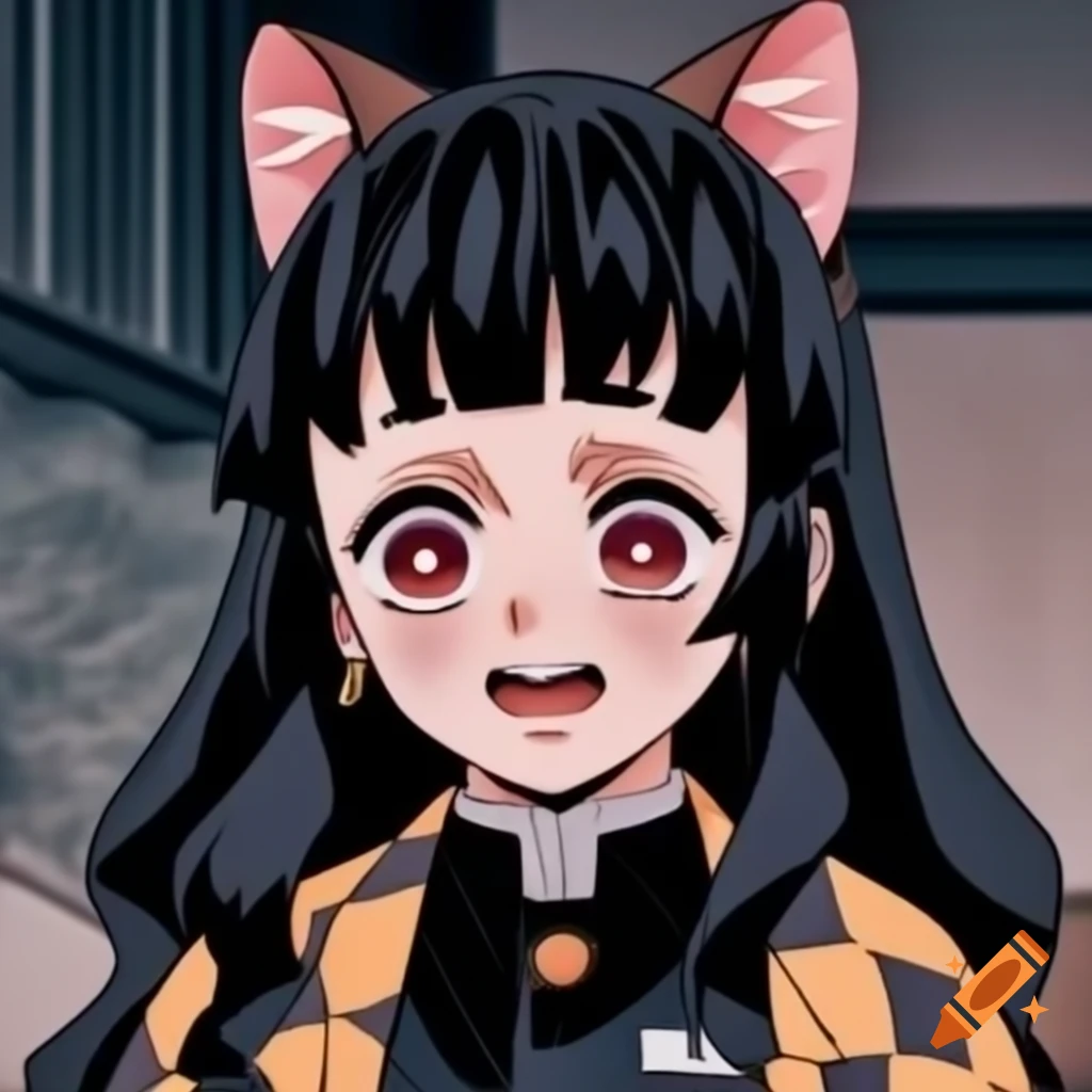 Cute girl with black hair holding a cat, inspired by demon slayer on ...