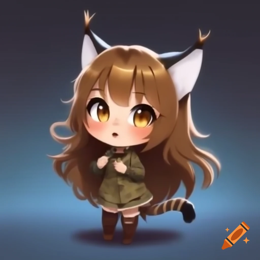 Anime chibi style girl with wild bobcat on Craiyon