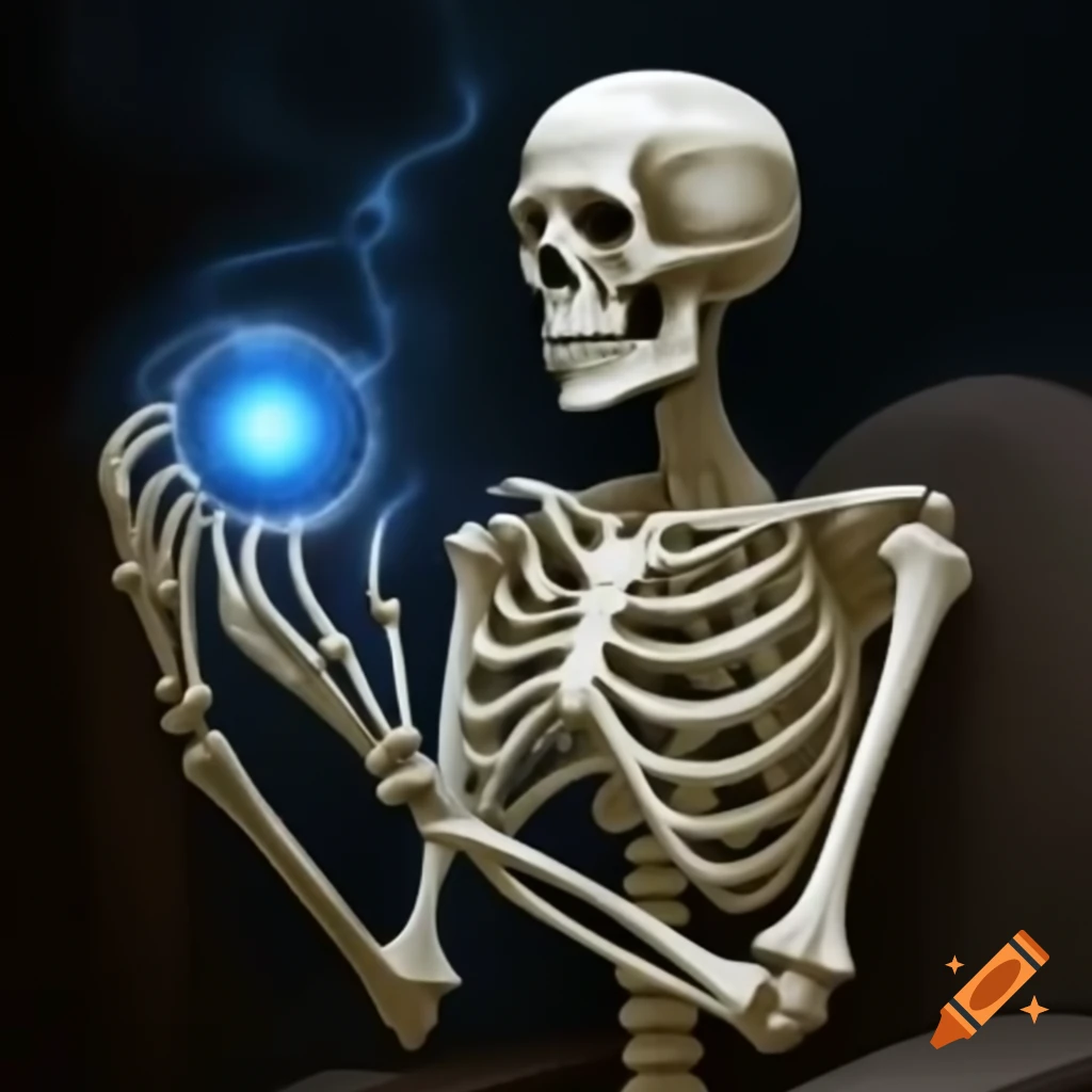 Skeleton holding glowing power orb on Craiyon