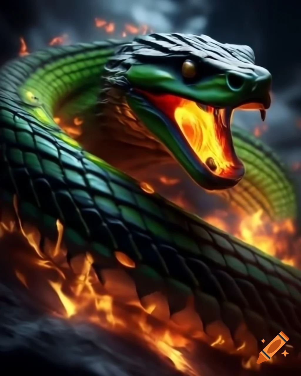 Giant black and green viper surrounded by flames on Craiyon