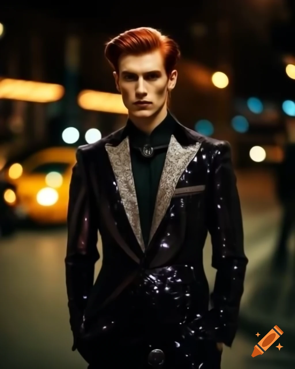 Stylish Caucasian man with red hair in sparkling suit on busy night ...