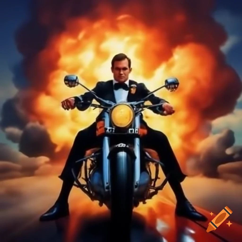 Man in tuxedo riding motorbike with explosion in background on Craiyon