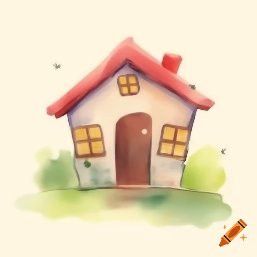 Cartoonish house illustration on white background in watercolor style ...
