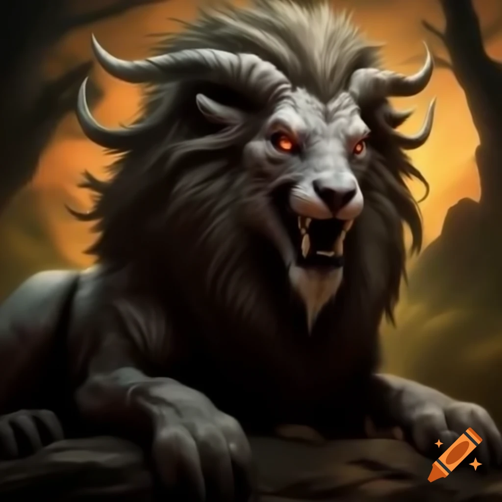 Lion-goat hybrid monster in fantasy setting on Craiyon