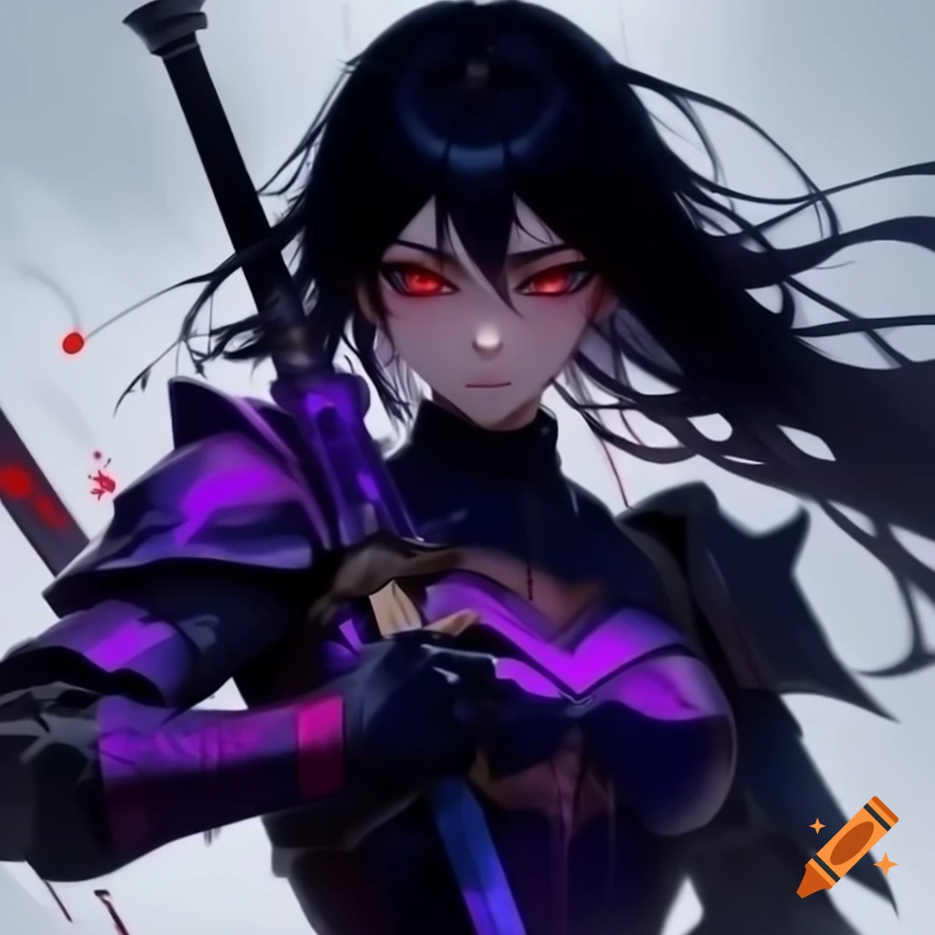 Dark female anime heroine in black armor with purple hair strands and ...