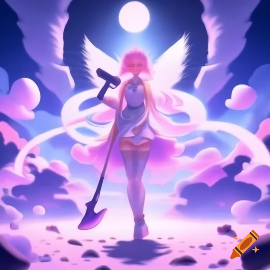 Anime style woman wielding hatchet in pastel colored liminal space on ...