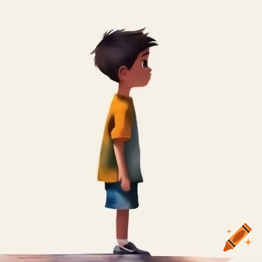 Cartoony profile view of a boy in watercolor style on white background ...