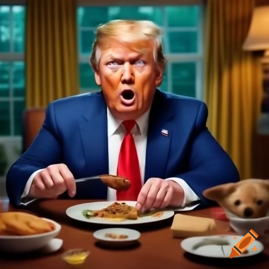 Satirical cartoon of Donald Trump at dinner table with humorous ...