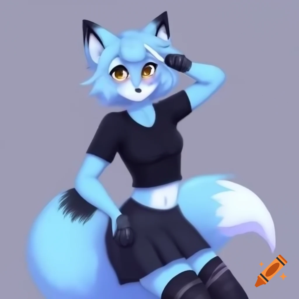 Cute anthropomorphic light blue fox character in feminine attire ...