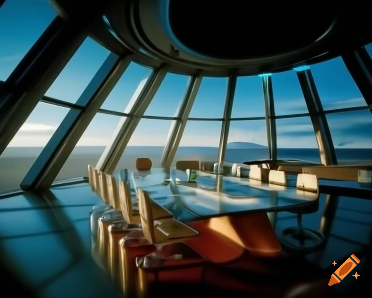 Futuristic asymmetric conference room on spaceship with Icelandic ...