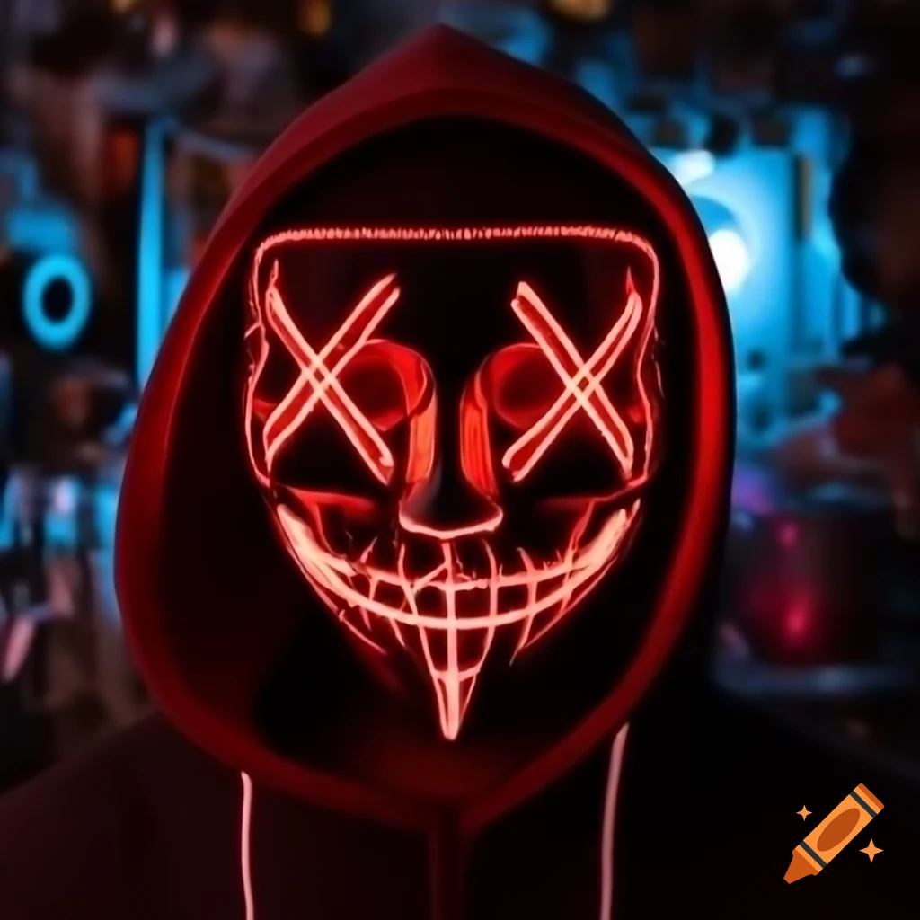 Red LED mask with hood and X-shaped eyes against steampunk background ...