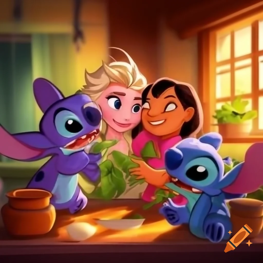 Elsa, Anna, and Lilo with Stitch in a sunny rustic kitchen with ...
