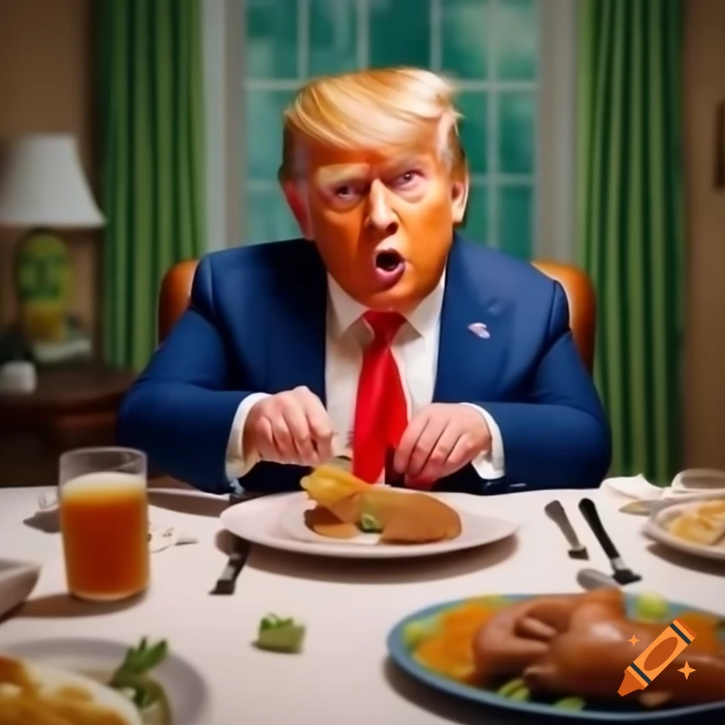 Satirical cartoon of Donald Trump at dinner table with humorous ...