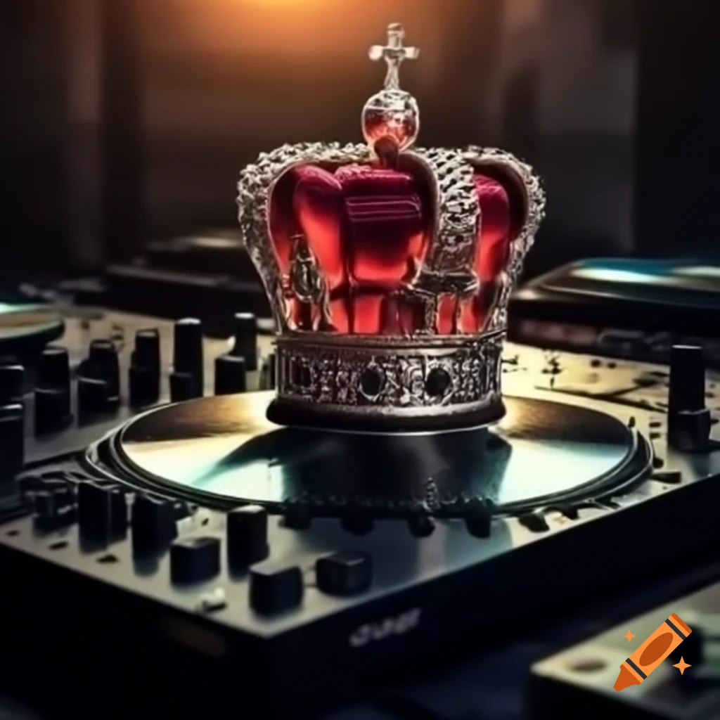 Crown placed over DJ decks, symbolizing music royalty on Craiyon