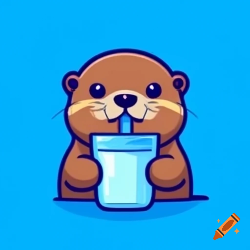 Otter drinking water through straw on blue background, illustration on ...