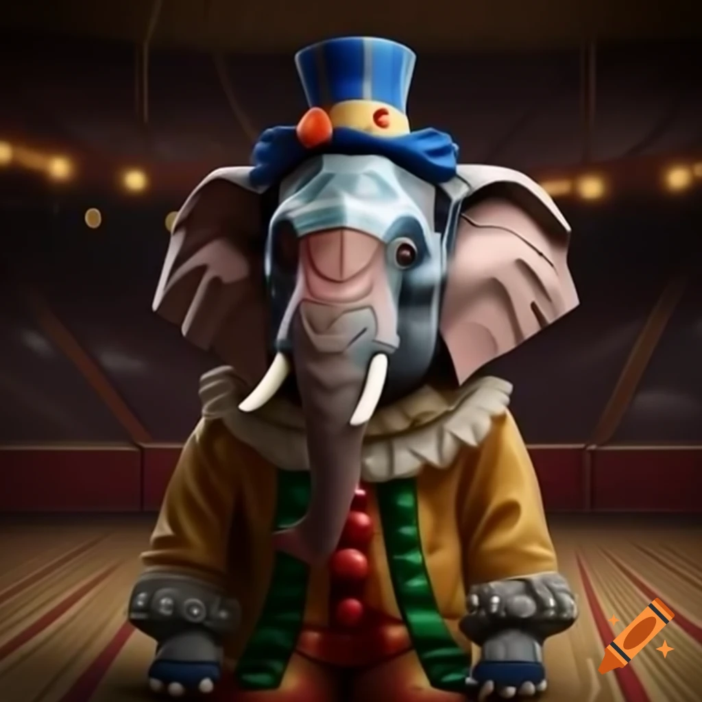 Sad elephant in clown costume performing in circus arena on Craiyon