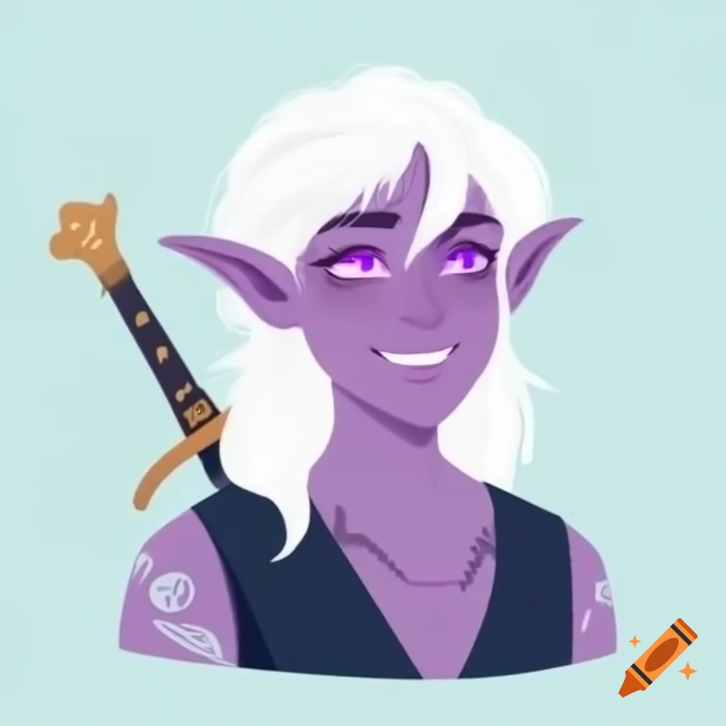 Young male elf with white hair, grey skin, and purple eyes wearing ...