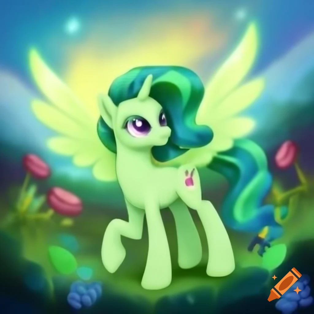 Magical green pony with aurora-like hair flying over colorful floral ...