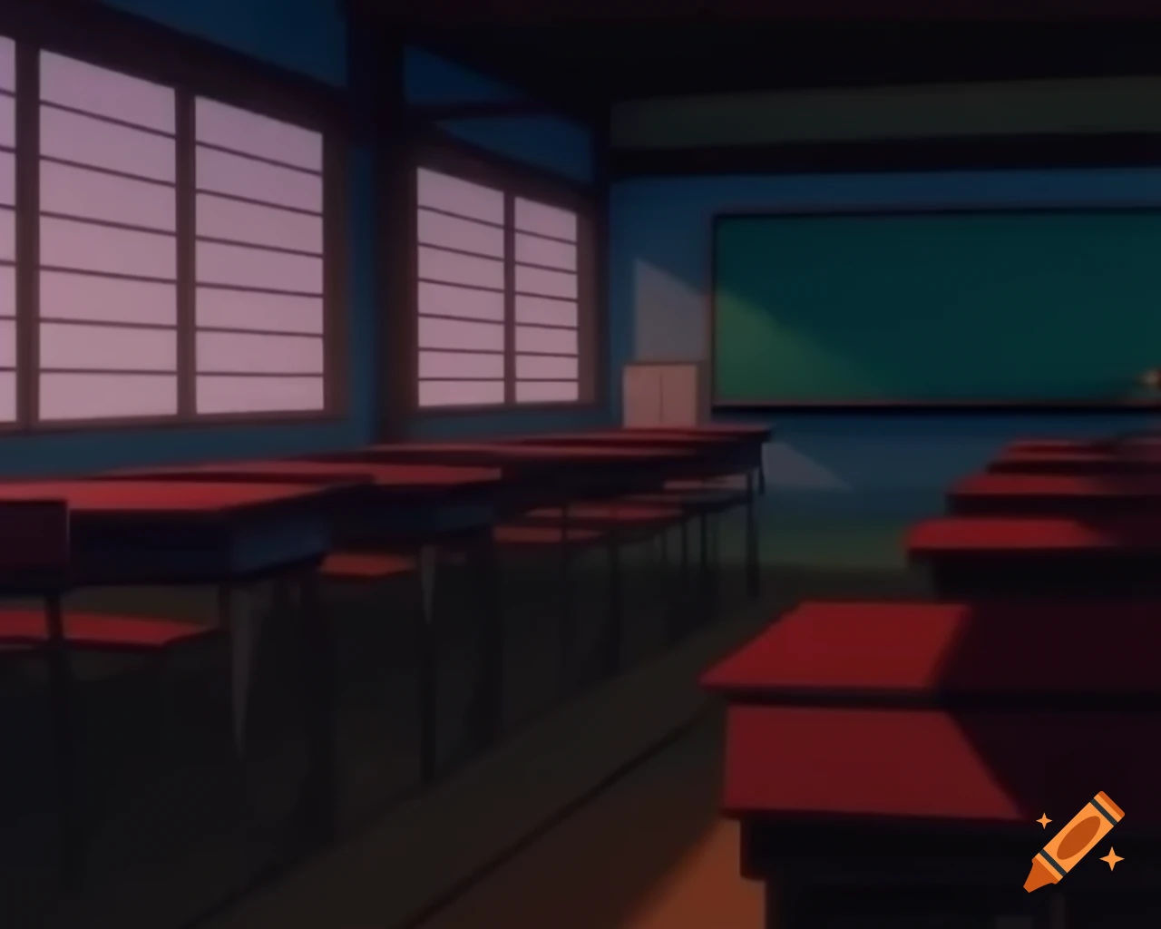 Anime-style janitor room in Japanese school with dark red colors on Craiyon
