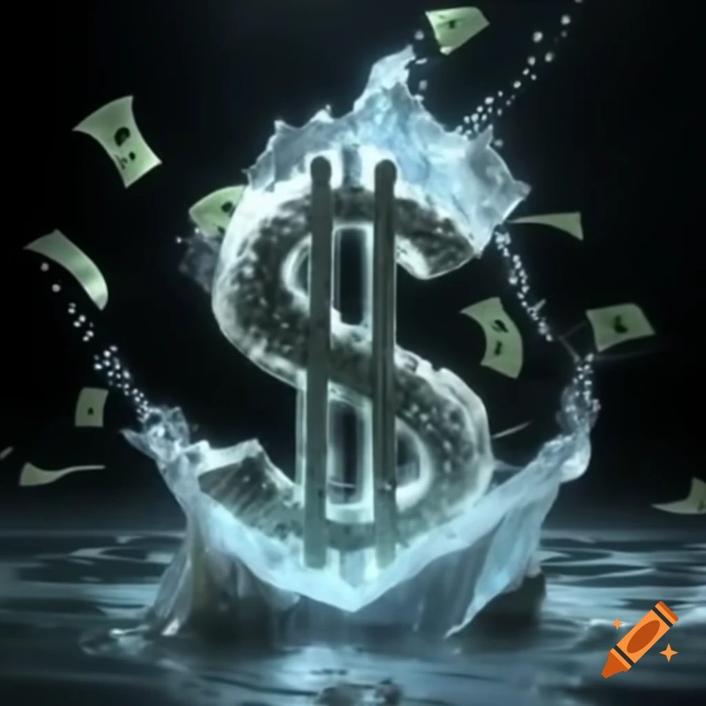 Majestic water torrent forming dollar sign with cash explosion on Craiyon