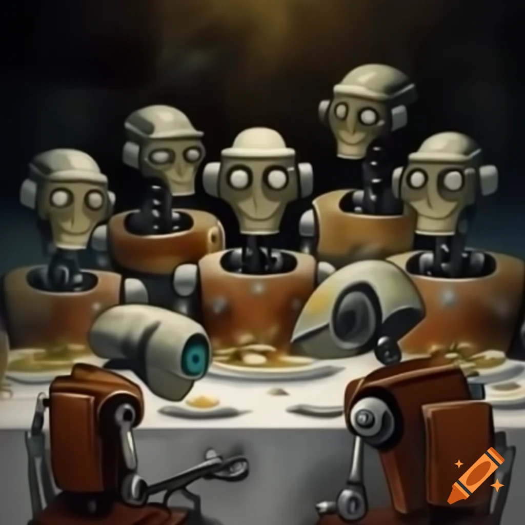 Satirical robots interpretation of the Last Supper painting on Craiyon