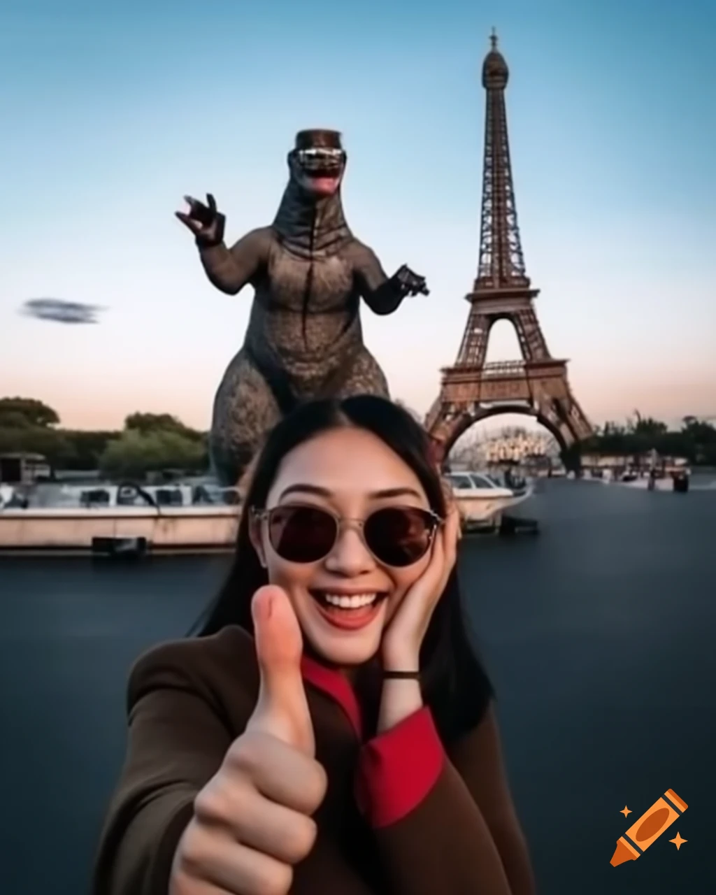 Chinese tourist actress smiling with godzilla at eiffel tower, hyper-realistic detail on Craiyon