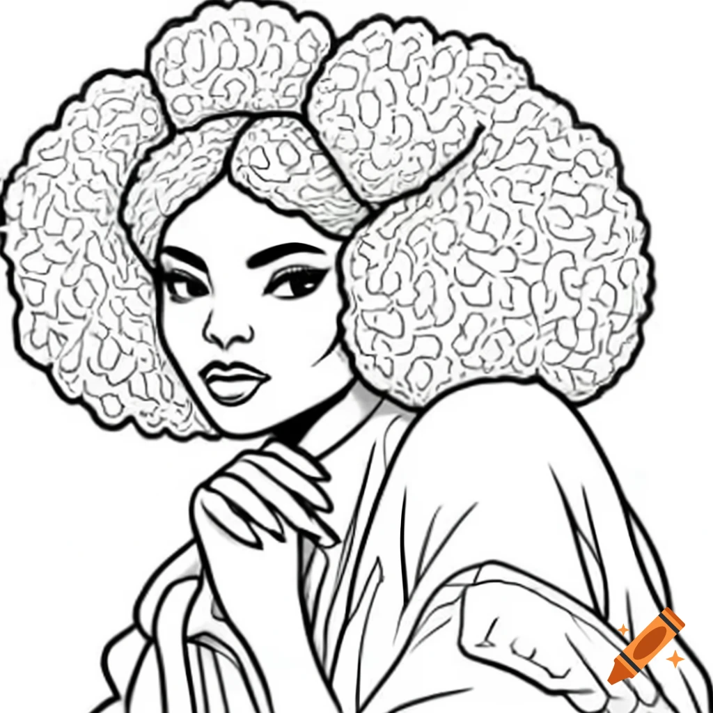 Traditional coloring pages featuring woman with afro hair and flowing ...