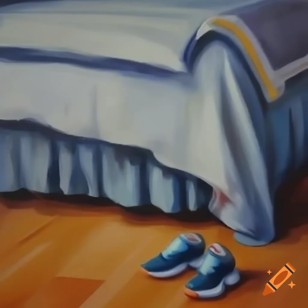 Running shoes placed neatly on the floor beside a bed on Craiyon