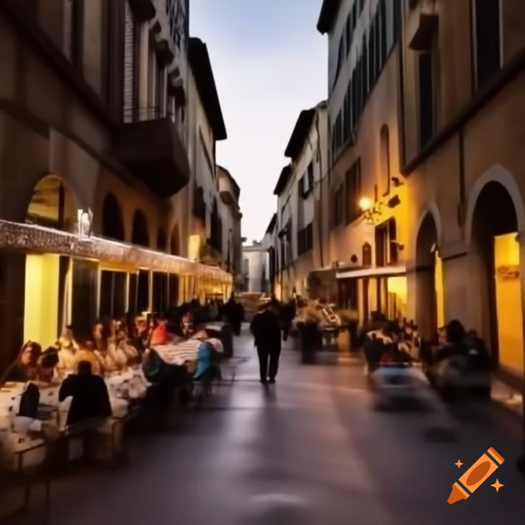 Historic Italian street with buildings and bustling pizzeria during ...