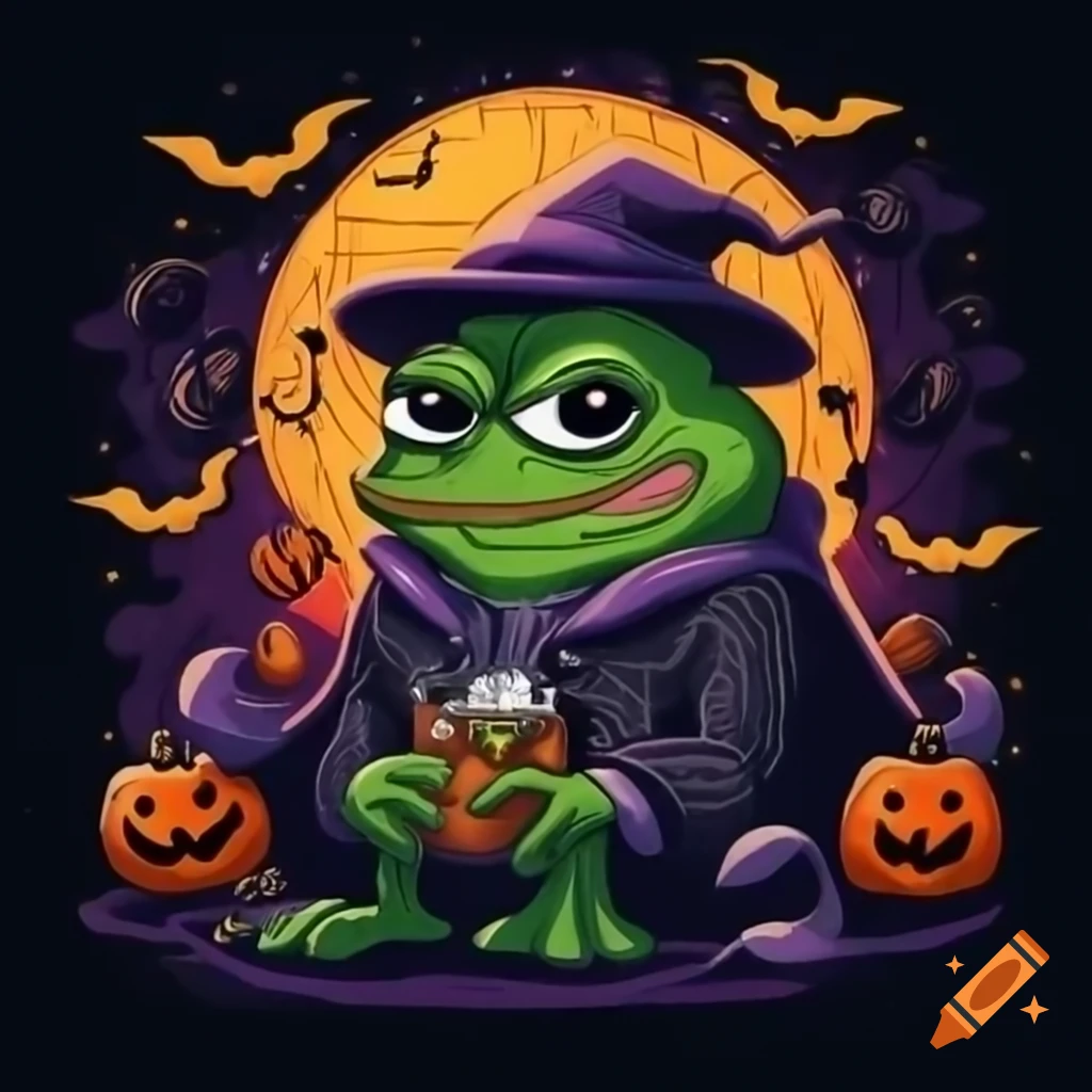 Halloween-themed meme coin mascot spooky pepe, a fusion of pepe the ...