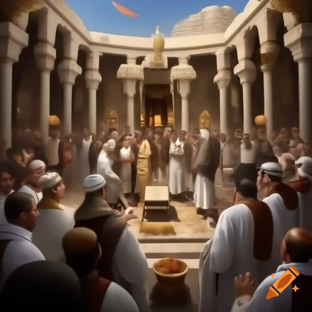 Lively scene of ancient Jerusalem during water libation ceremony at ...