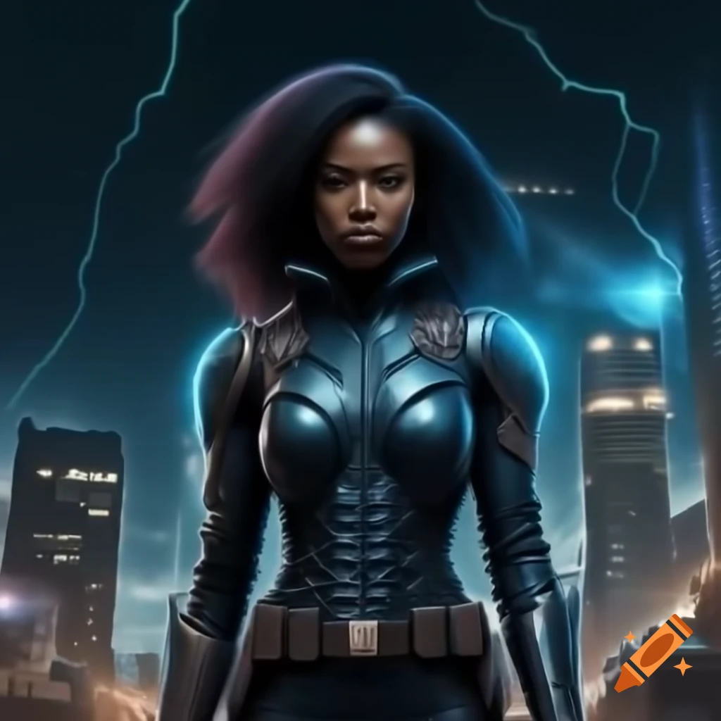 Black female superhero with electricity powers in hi-tech combat outfit ...