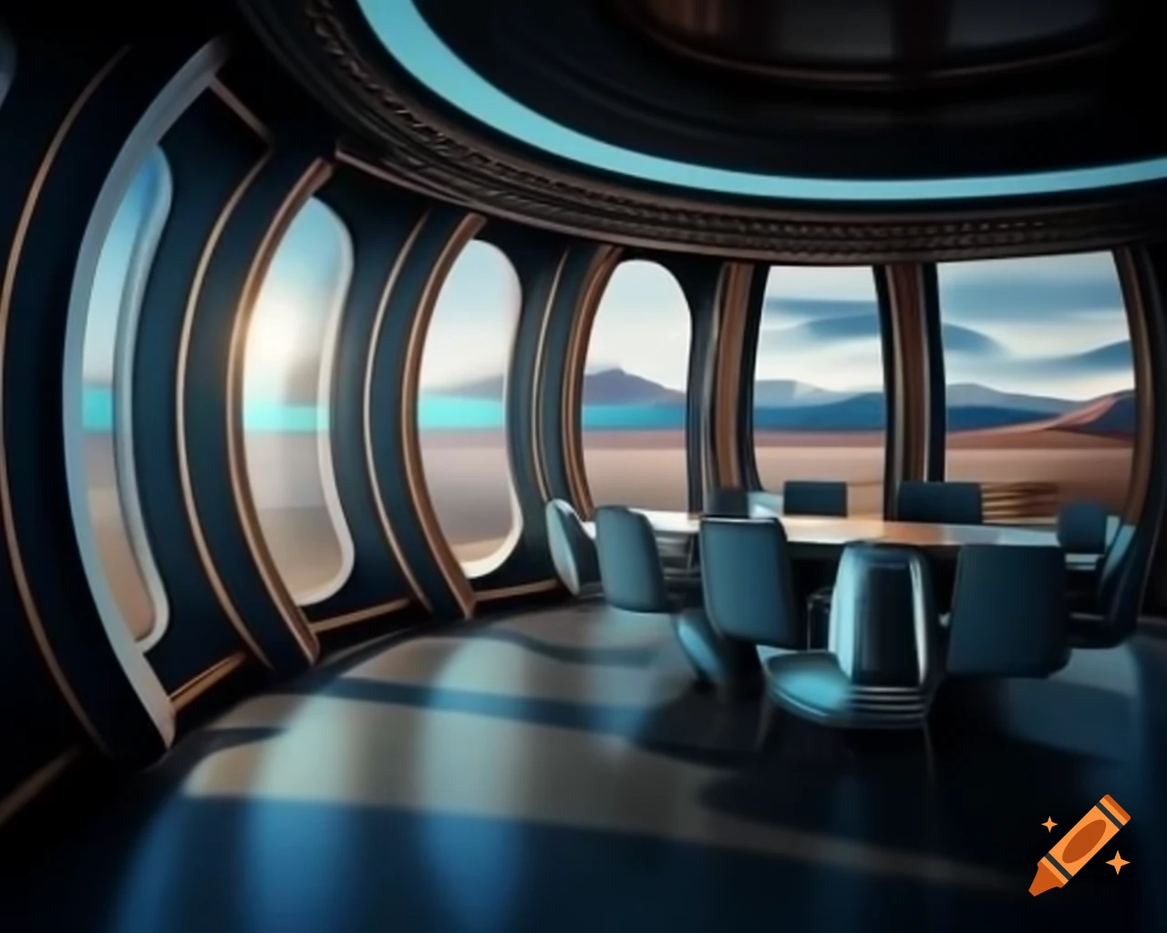 Futuristic conference room on spaceship with rounded windows and ...