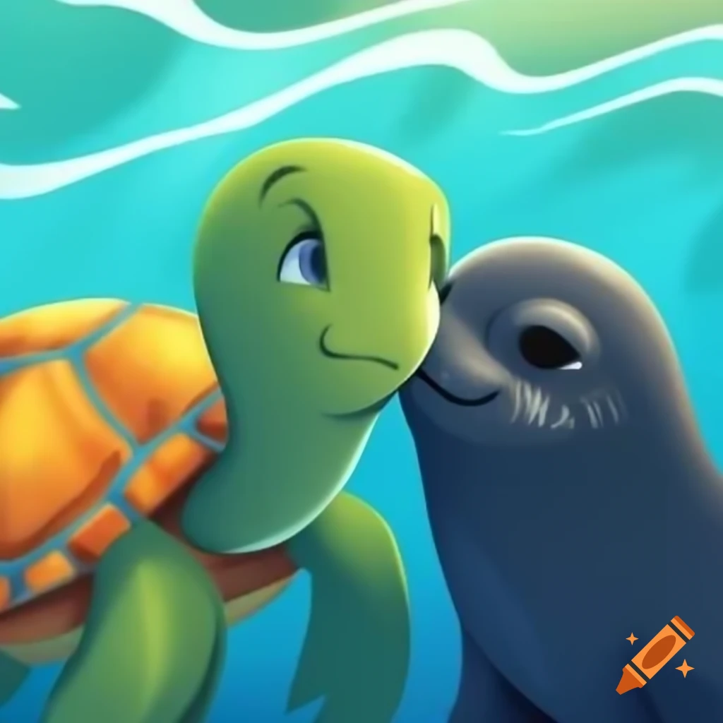 Turtle and seal interacting affectionately on Craiyon