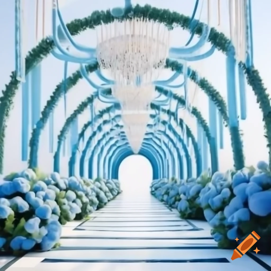 Whimsical walkway with blue supports and hydrangeas, featuring ...