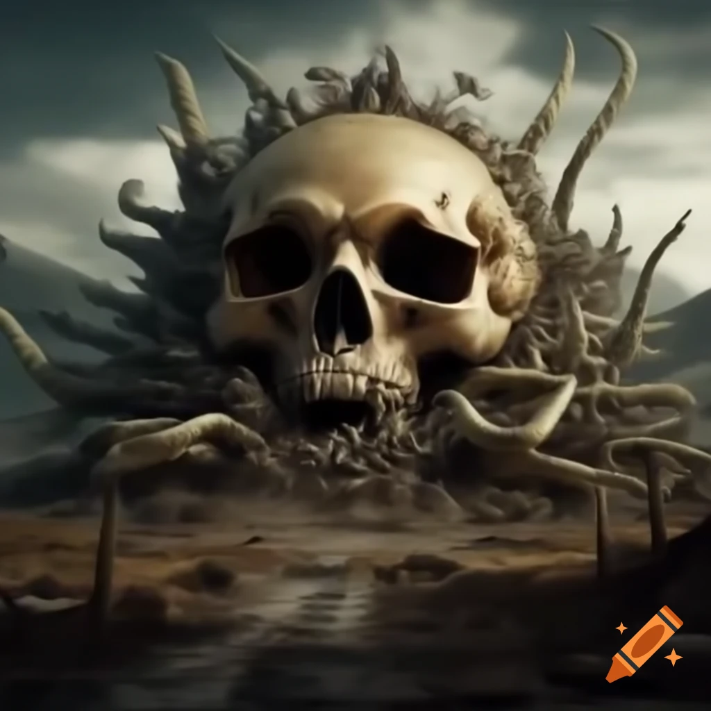 Skull-shaped mountain over post-apocalyptic home made from fungal stalk ...