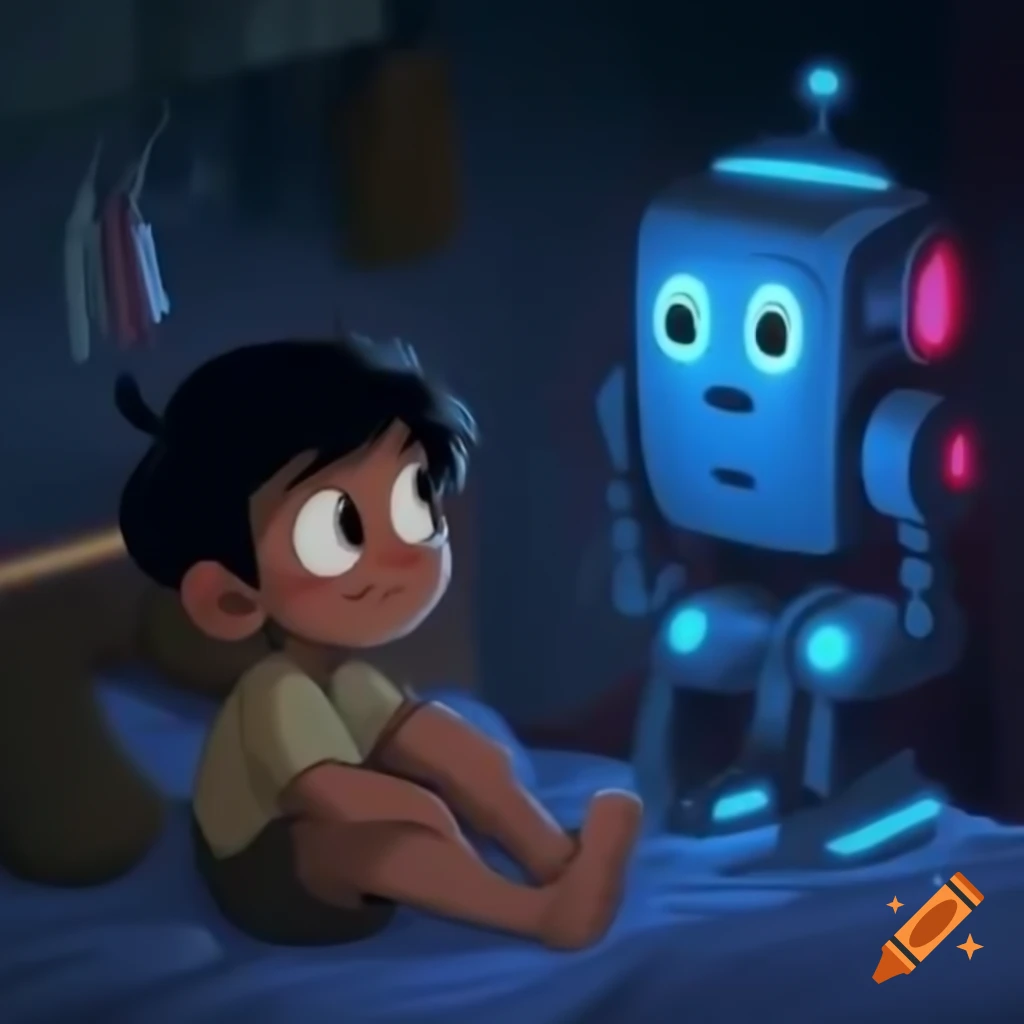 Surprised boy Rohan with friendly robot Zeebo holding wristwatch from ...