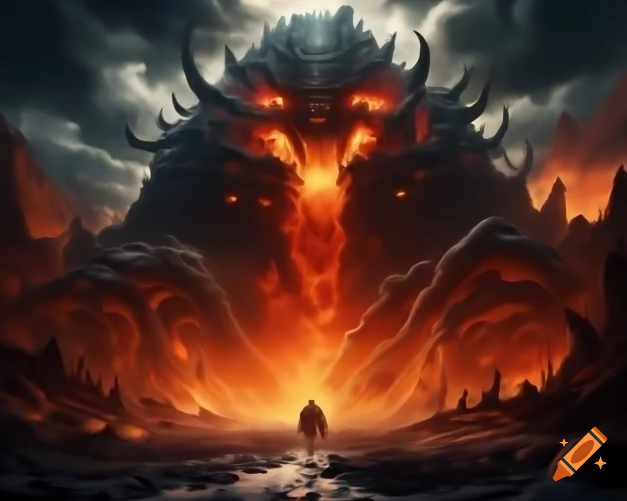 Creepy golem monster emerging from the earth, emitting smoke and lava on Craiyon